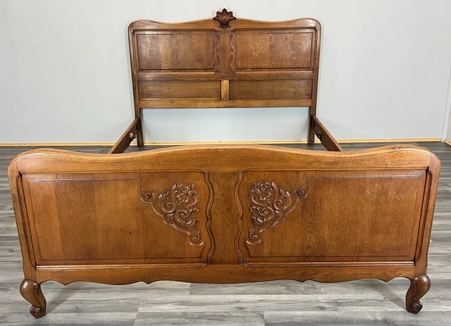 BED VINTAGE FRENCH Louis Style Oak Double Bed Frame Carved Headboard ...
