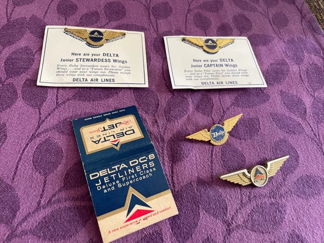 DELTA AIRLINES 50S-80S era 4 junior pilot/stewardess wings + DC-8 ...