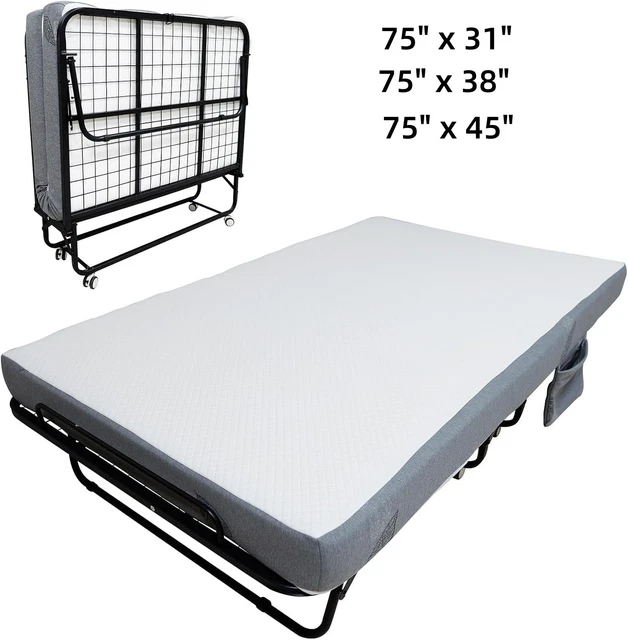 PORTABLE FOLD UP Rollaway Guest Bed with Memory Foam Mattress Wheels 31 ...