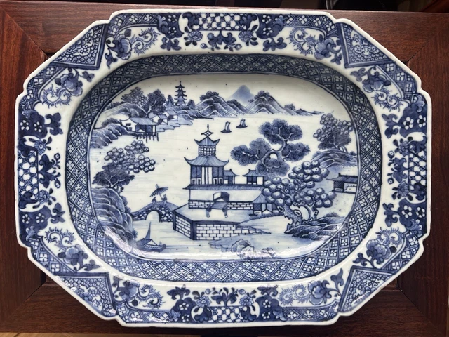 ANTIQUE CHINESE PORCELAIN Blue & White Platter Qianlong 18th Rare Plate ...