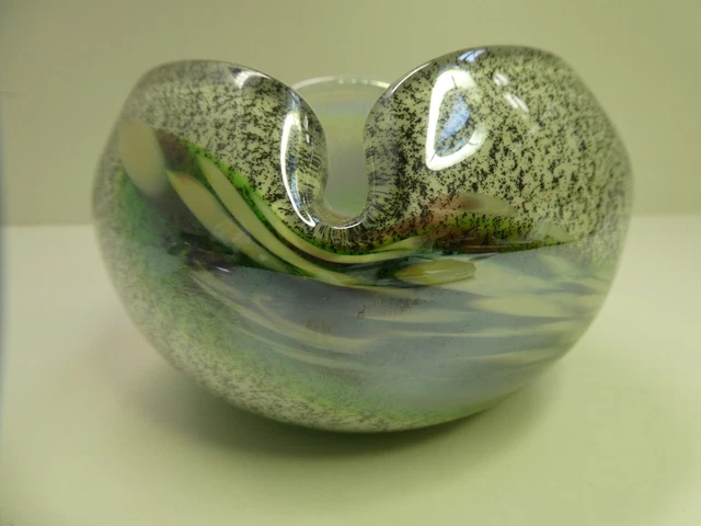 VINTAGE CASED ART Glass Bowl Studio Mid Century Speckled Green Swirl ...