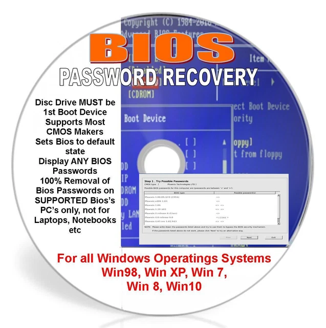 BIOS PASSWORD RECOVERY BEST EVER BOOT DISK VIEWER CD Windows XP, 7, 8 ...