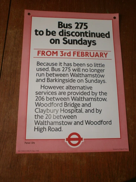 LONDON TRANSPORT TIMETABLE Panel Poster-Route 275 Discontinued on ...