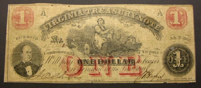 CONFEDERATE STATES (USA) Virginia Treasury Note Richmond 1 Dollar 1862 ...