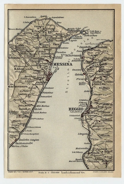 1925 ORIGINAL VINTAGE Map Of Strait Of Messina Reggio / Sicily / Italy ...