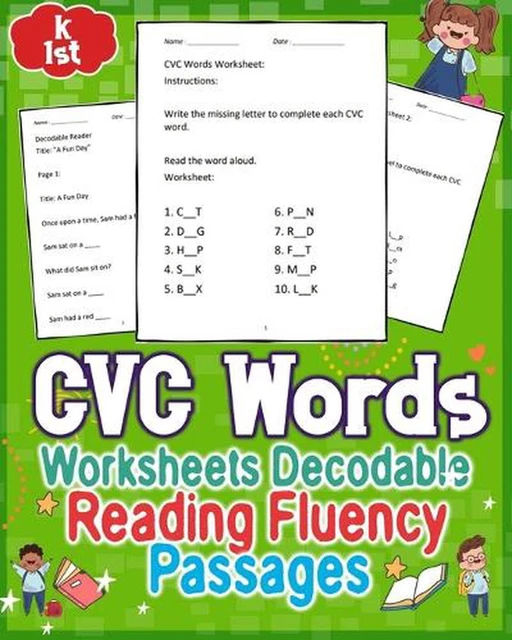 CVC WORDS WORKSHEETS Decodable Reading Fluency Passages for GRAD K to ...