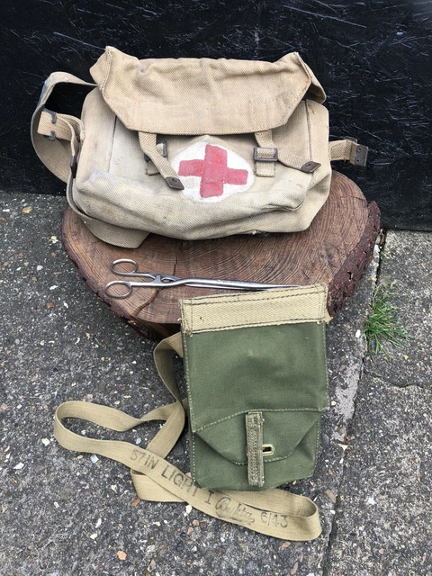 VINTAGE WW2 FIRST aid canvas messenger bag forceps and lightweight gas ...