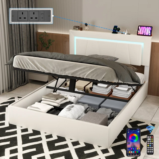 NEW LED OTTOMAN STORAGE PANEL WHITE PU LEATHER UPHOLSTERED BED FRAME ...