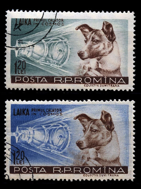 DOGS IN SPACE FLIGHT RUSSIAN DOG "Laika" ROMANIA POSTAGE STAMPS x 2 ...