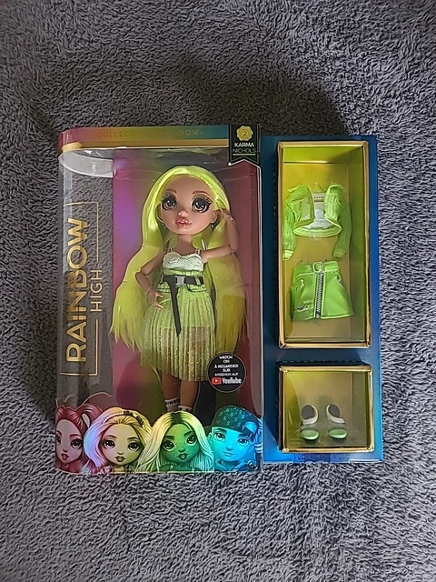 RAINBOW HIGH KARMA Nichols Neon Green Fashion Doll with 2 Complete ...