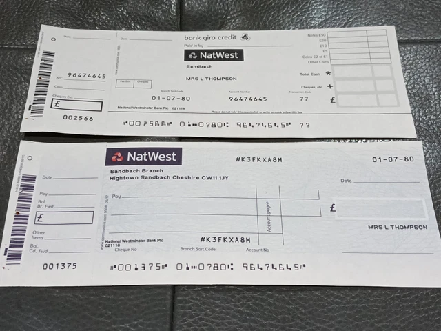 NATWEST BANK CHEQUE SANDBACH branch, unused with counterfoil & paying ...