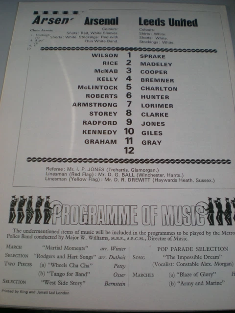 ARSENAL V LEEDS UNITED, 1st SEPT 1970, NO WRITING, STAPLES,RUST ...
