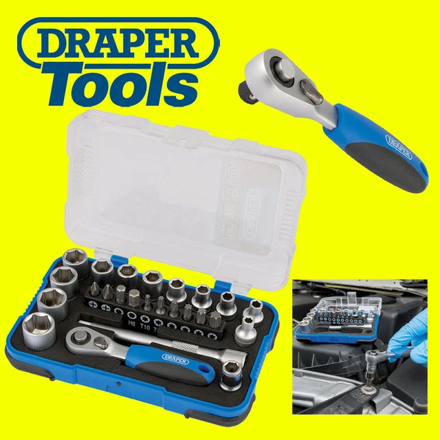 DRAPER 25 PCE Metric 1/4" Hex Socket + Mini Ratchet & Screwdriver Bit ...