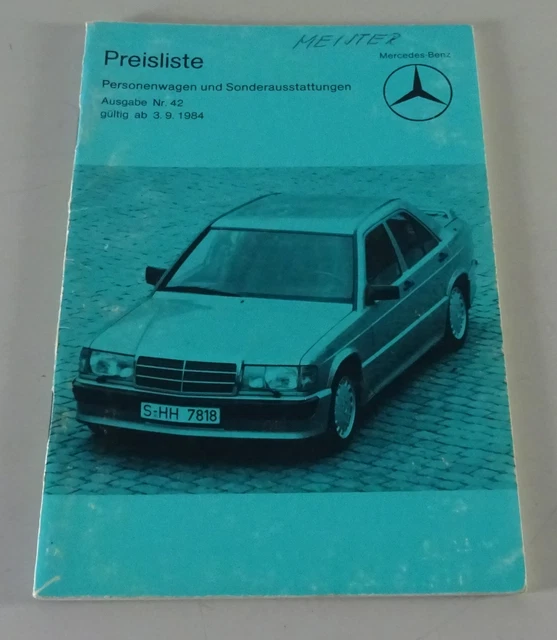 PRICE LIST MERCEDES Benz W201 / W123 / W126 / R107 Valid From 03/09/1984 £16.23 - PicClick UK