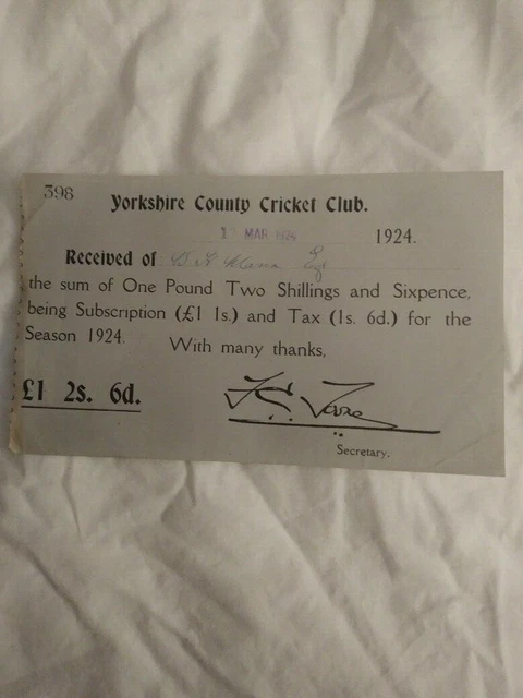 YORKSHIRE COUNTY CRICKET Club Season Ticket Receipt #398 from Mar 1924 ...