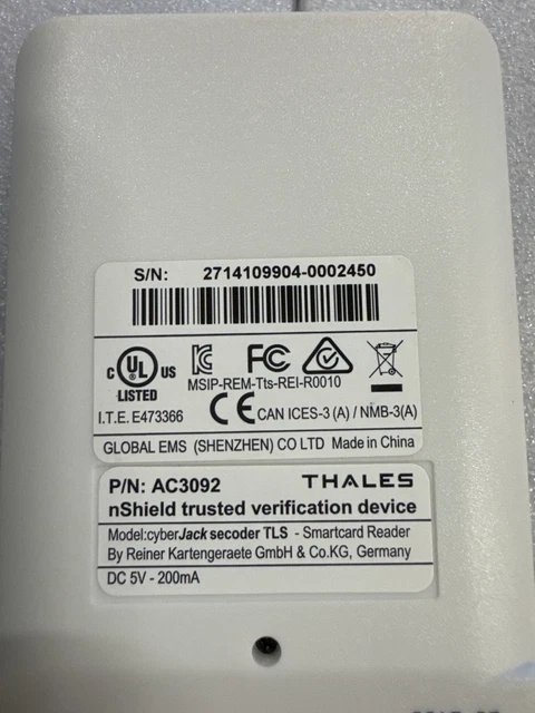 THALES NSHIELD SMARTCARD Reader w/cards CyberJack Secoder TLS USB ...