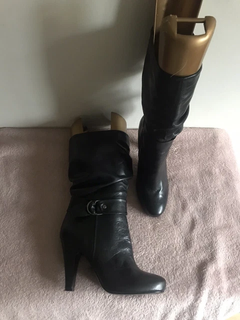 BLACK SOFT LEATHER Slouch Calf High Platform Boots High Cone Heel Size ...