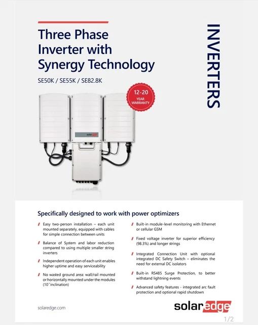 SOLAREDGE SE50K THREE Phase Inverter with Synergy Technology. $3,491.00 ...