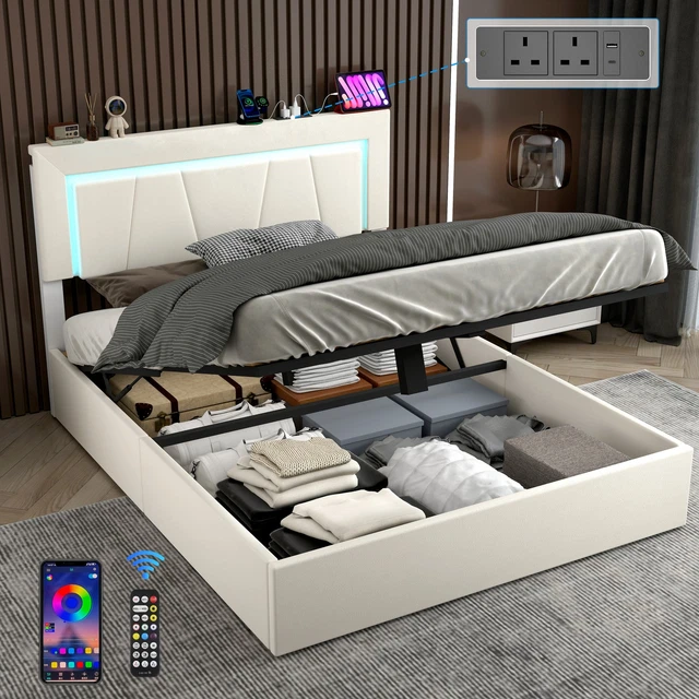 NEW LED OTTOMAN STORAGE PANEL WHITE PU LEATHER UPHOLSTERED BED FRAME ...