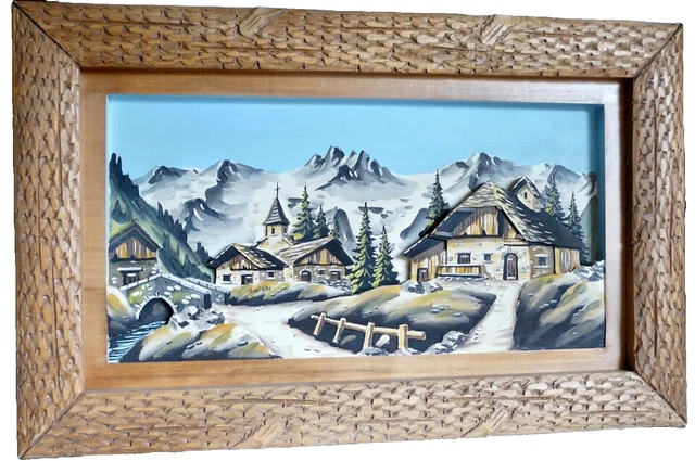 GRAND TABLEAU BOIS SCULPTÉ Paysage de MONTAGNE signé Chalets Alpes EUR 55,00 - PicClick FR