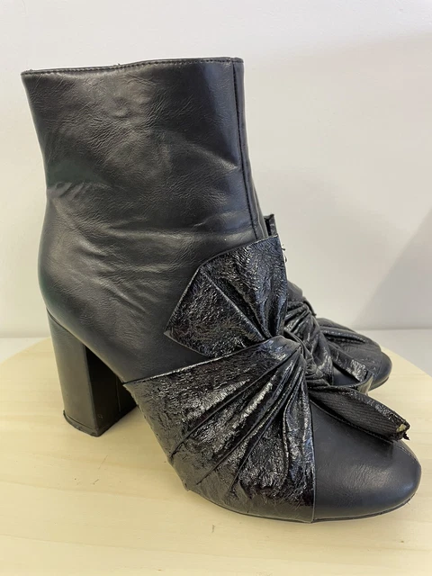 LOST INK BLACK leather boots Statement bow block heel mid calf size 6 ...