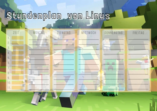 STUNDENPLAN MINECRAFT ZUM Ausdrucken, 15 Designs, personalisierbar, DIN ...