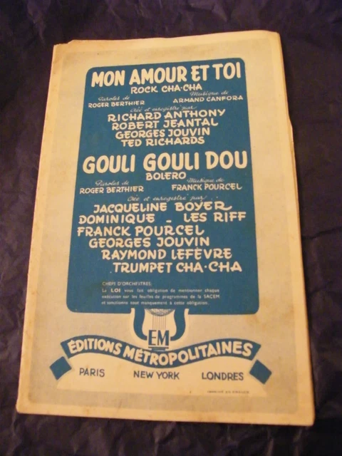 PARTITURA MON AMOUR E Te Richard Anthony Gouli Gouli Dou 1960 Foglio ...