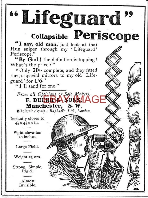 WW1 ADVERT FOR DUERR 'Lifeguard' Trench Periscope (4) 1916 Small Print ...