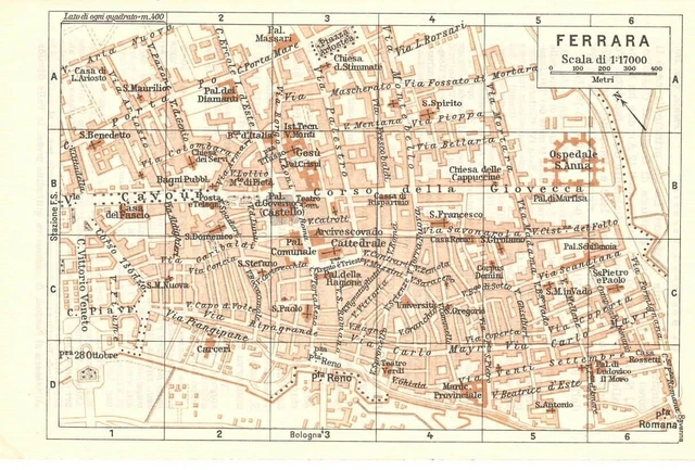 CARTA GEOGRAFICA ANTICA FERRARA pianta della città del TCI 1937 Antique ...