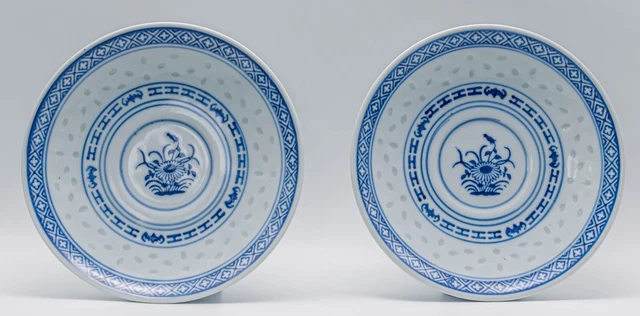 CHINESE PORCELAIN SAUCERS Blue White Rice Pattern Jingdezhen Mark 20th ...