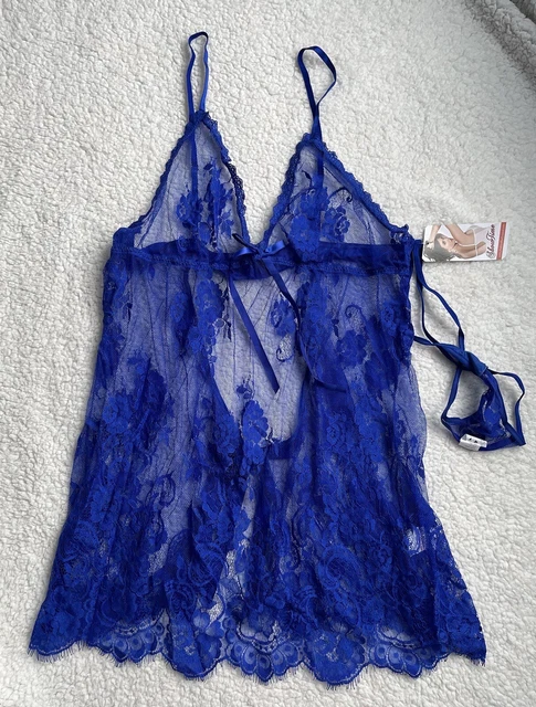 SHIRLEY OF HOLLYWOOD Blue Sheer Lace Babydoll Thong Set XXL NWT EUR 10 ...