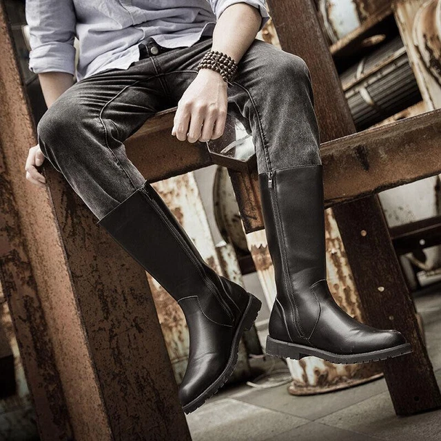 MENS SHOE FAUX Leather Casual High Top Mid Calf Riding Boots Zipper ...