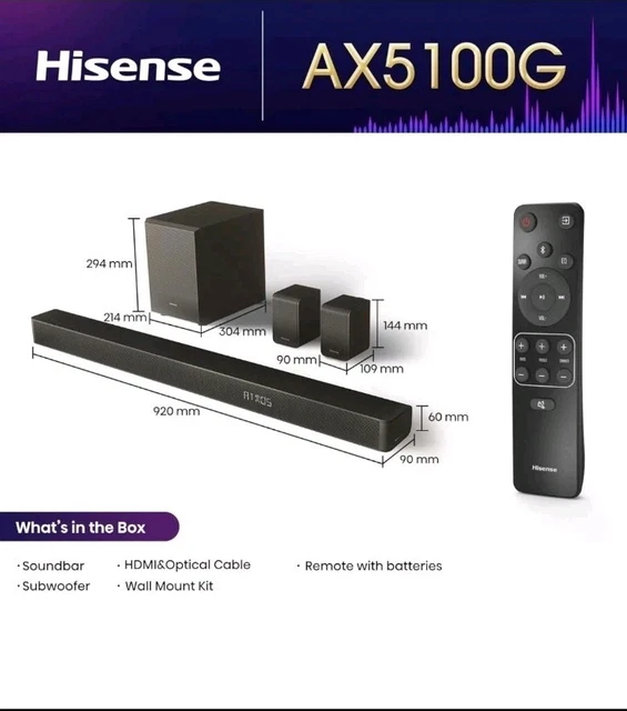 HISENSE AX5100G 5.1 Channel Soundbar with wireless subwoofer £94.30 ...