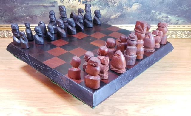 HAND CARVED WOODEN Chess Set With Board Vintage Kenyan African £69.99 ...