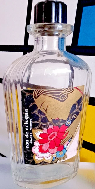 FLACON VERRE ART déco , 1930, étiquette eau de Cologne, bouchon bakélite, 27cm EUR 20,00 ...