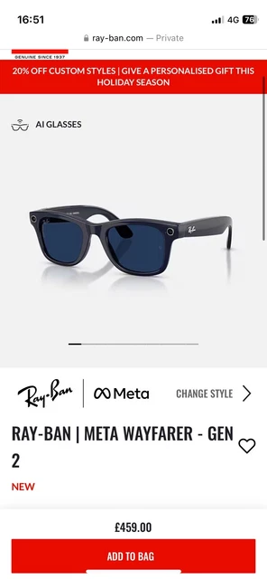 RAY BAN META Wayfarer Gen 2 Shiny Cosmic Blue Transitions £300.00 ...