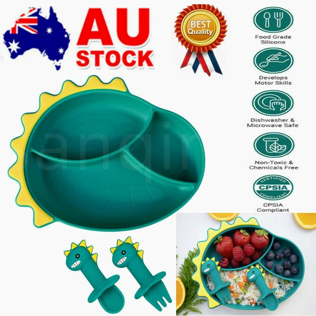 SILICONE DINOSAUR TODDLER Plates for Baby with Spoon and Fork Self ...
