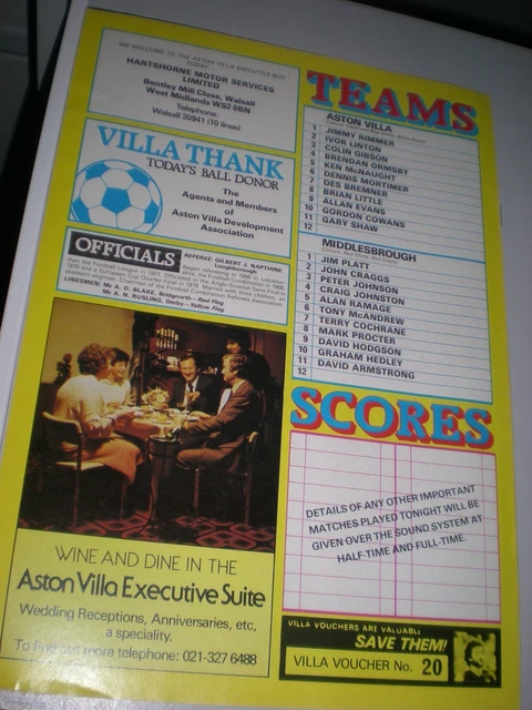 ASTON VILLA V MIDDLESBROUGH, 19th MARCH 1980, NO WRITING, VERY GOOD ...
