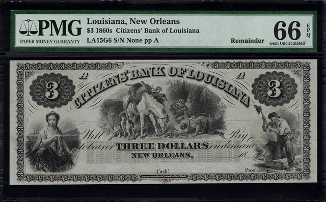 1860'S $3 OBSOLETE - New Orleans, Louisiana - Citizens Bank - PMG 66 ...