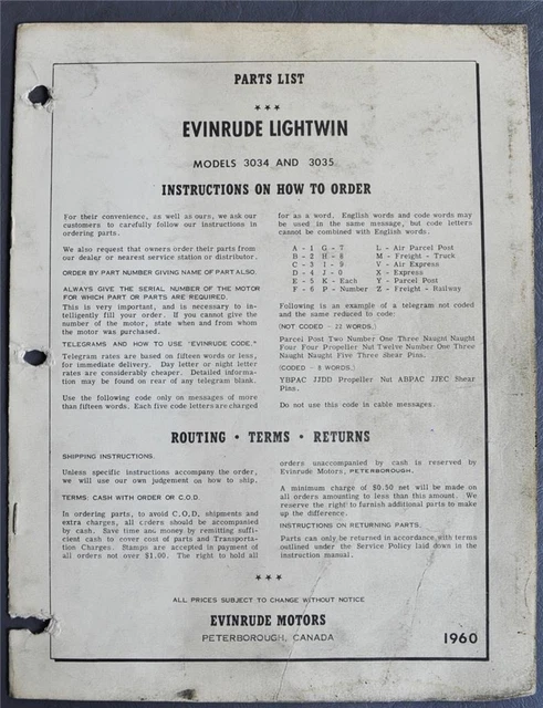 1960 EVINRUDE LIGHTWIN Outboard Mtr Parts List Models 3034 & 3035 ...
