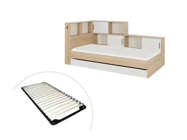LIT AVEC RANGEMENTS et tiroir 90 x 200 cm - Coloris : naturel et blanc ...