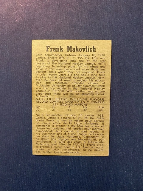 1958-59 PARKHURST Frank Mahovlich 2nd Year #33 Toronto Maple Leafs EXVG ...