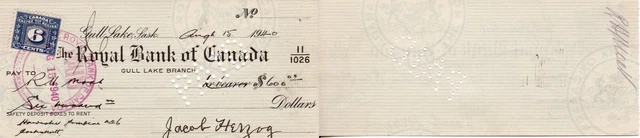 1940 GULL LAKE Saskatchewan Royal Bank of Canada Cancelled Cheque ...