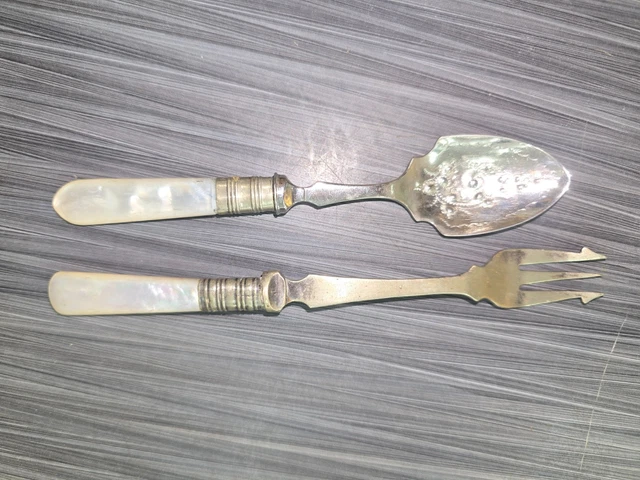 ANTIQUE JAM SPOON & Pickle Fork. Mother of pearl handle. Silver plated ...