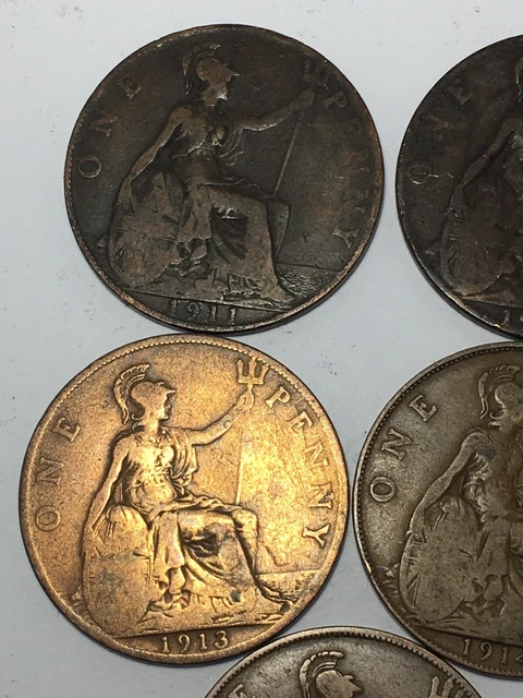 KING GEORGE V Old 1d Penny 1911-12-13-14-15 Coins 5 Circulated nice ...