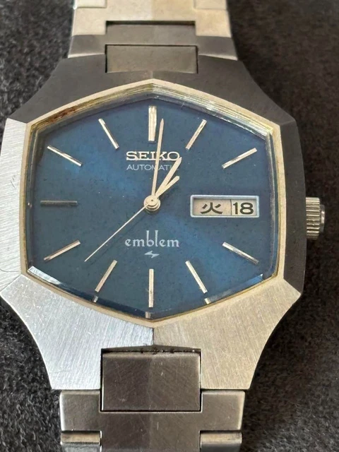 SEIKO EMBLEM AUTOMATIC watch, blue dial hexagonal, 1970's Vintage Rare ...