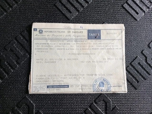 LIBRETTO CIRCOLAZIONE AUTOCARRO Furgone Fiat 40 NC 35 B Anno 1996 £25. ...