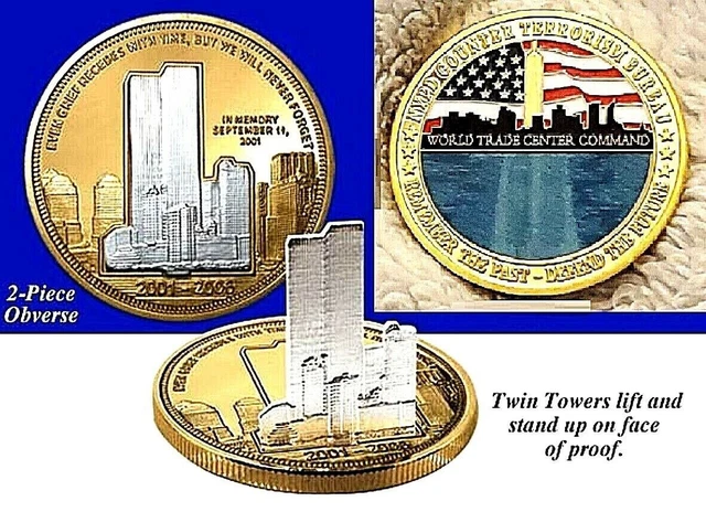 9/11 GOLD SILVER 2 Piece 3D Coin Terrorism Attack Magnet Medal Unusual ...