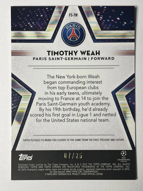 2018-19 TIMOTHY WEAH top cromati UCL future stars ARANCIONE 07/25 RC ...
