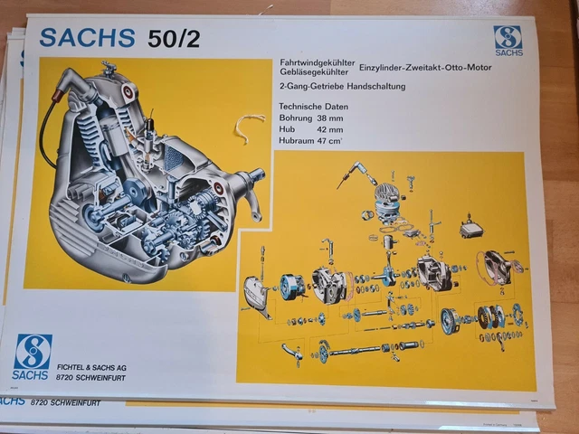 SACHS 50/2 HERCULES MP DKW engine explosion drawing poster workshop £ ...